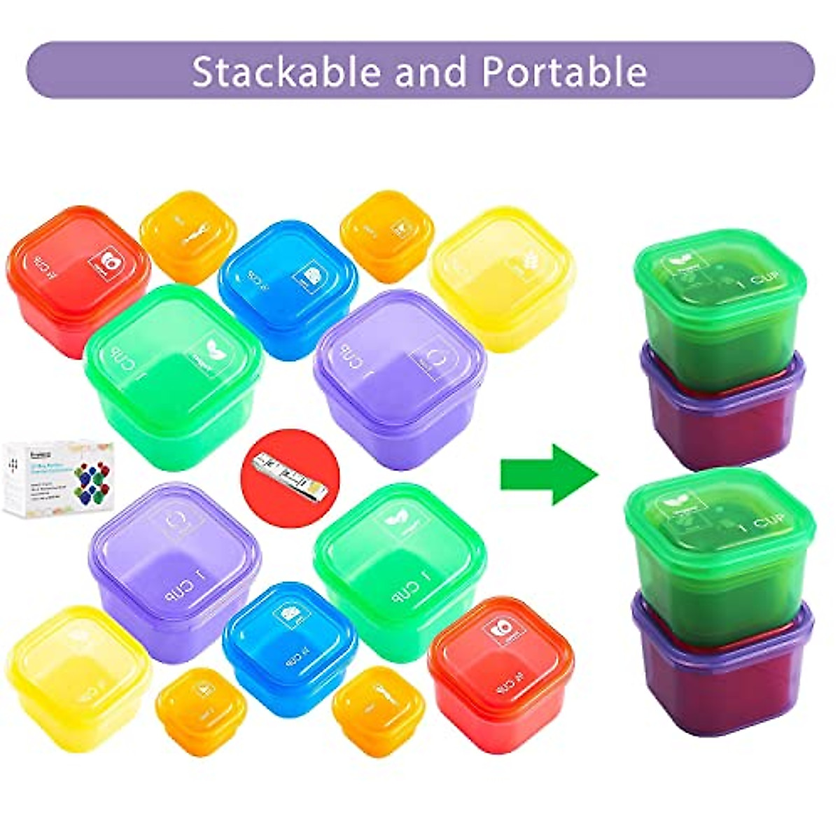 Lanfubiao Portion Control Containers for Weight Loss (14 Piece) - 21 Day Fix Measuring Cups and Food Plan with Free eBook, Multi Color and Label Engraved Healthy Diet Containers