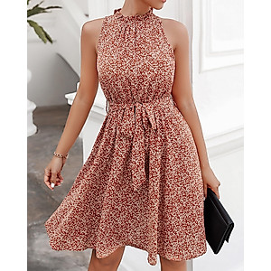 BTFBM Women 2025 Halter Neck Summer Dresses Casual Sleeveless Floral Polka Dot Print Ruffle Mini Boho Beach Sun Dress(Floral Print Red, Medium)