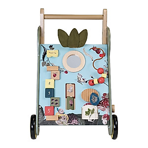 Manhattan Toy Wildwoods Owl Wooden Push Cart with Shape Sorter and Basket, Serrated Oval, Spinners, Bead Run and More Medium