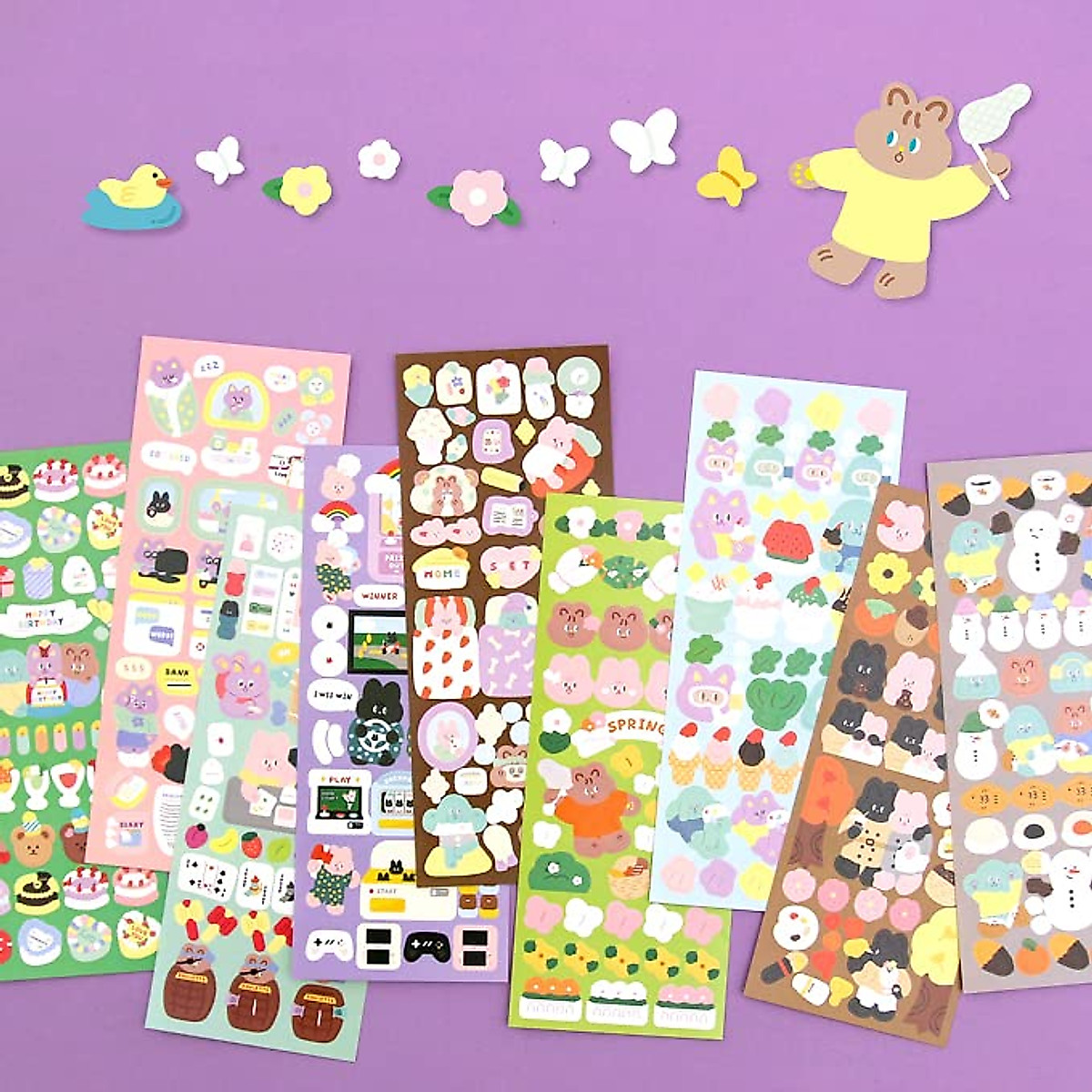 Cute Essential Kawaii Aesthetic Stationery Sticker Pack 9 Sheets (160+ Stickers) - for Planners, journals, scrapbooks, Gifts, Kpop photocards, polocos, Bear, Birth Month Flower, Birthday (Seasons)