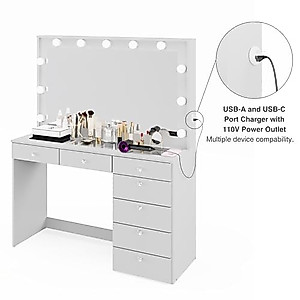Boahaus Serena Modern Makeup Vanity with Hollywood Light Bulbs Add-On, 7 Drawers, Wide Mirror, Glam Glass Top for Bedroom