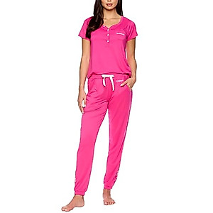 bebe Womens Pajama Set, Short Sleeve Shirt with Lace Jogger PJ Pants Lounge Sets for Women (Fuchsia, Medium)