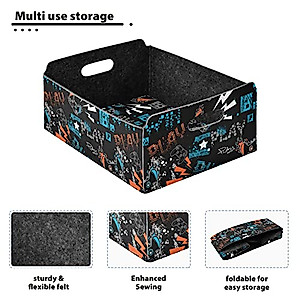 CaTaKu Foldable Storage Basket Gamer Cute Black Collapsible Felt Storage Bins with Handle Drawer Organizer Bin Cube Shelf Box for Organizing Closet Clothes Office Books Bedroom