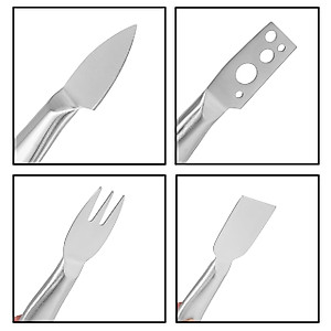 Internet's Best 4 Piece Stainless Steel Cheese Set - Slicer Cutter Knife Fork for Hard Soft Crumble Cheeses - Shaver Spreader Tools