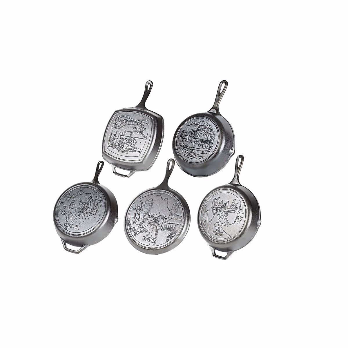 Lodge Wildlife Series - Seasoned Cast Iron Cookware. Wildlife Scenes. 5 Piece Iconic Collector Set Includes 8 inch Skillet, 10.25 inch Skillet, 12 inch Skillet, 10.5 inch Grill Pan, 10.5 inch Griddle