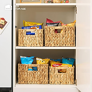 Wicker Storage Basket with Built-in Handle, Water Hyacinth Storage Basket for Shelf/Cabinet, Square Wicker Basket for Towel/Book/Magazine/Toy/Blanket/DVD, Set of 2, Large and Small