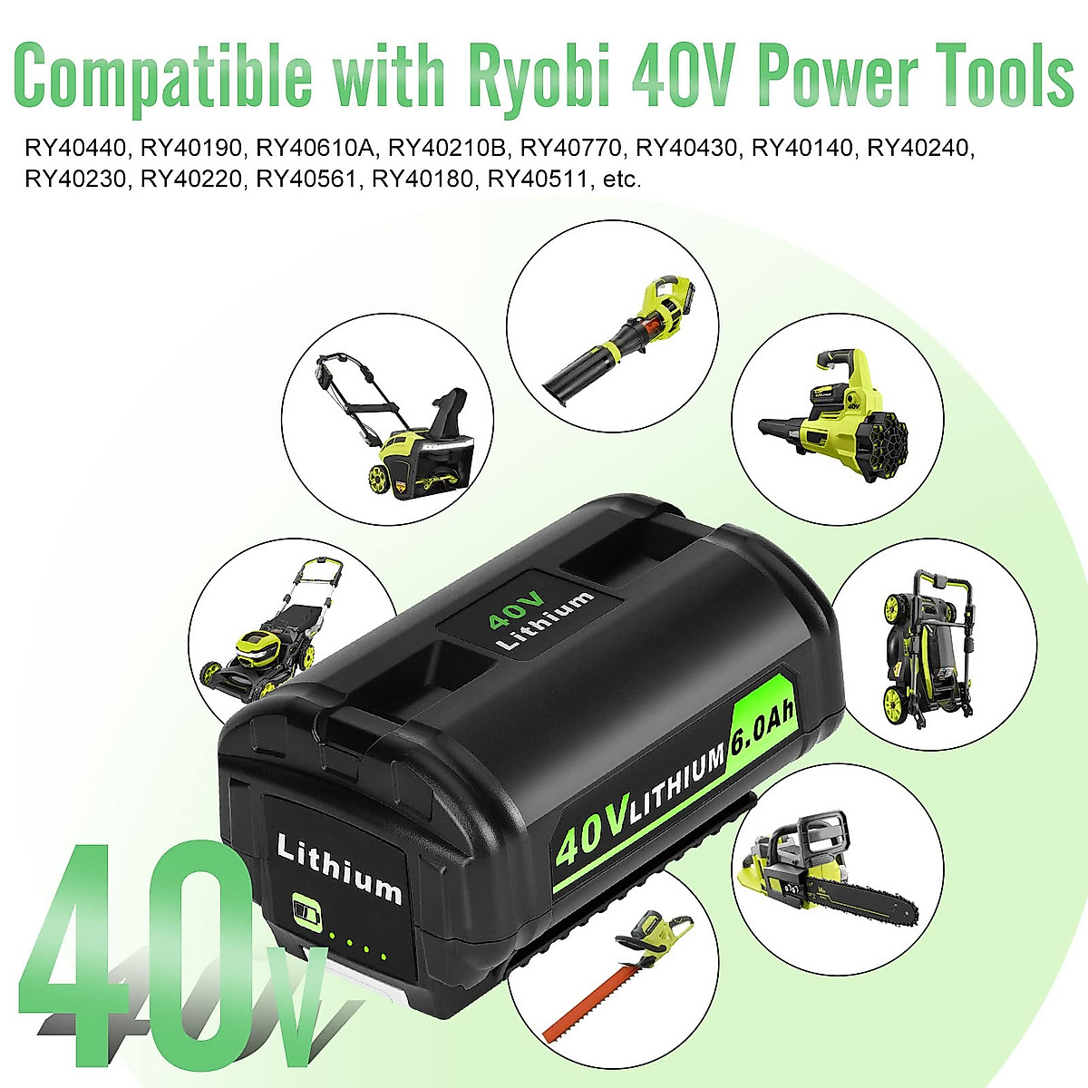 HUSUE 40V 6.0Ah Replacement Battery for Ryobi 40V Battery, Li-ion Battery Compatible with Ryobi 40V OP4015 OP40201 OP40261 OP40301 OP40401 OP40601 OP4026 OP4060 OP4026A Cordless Power Tools Battery