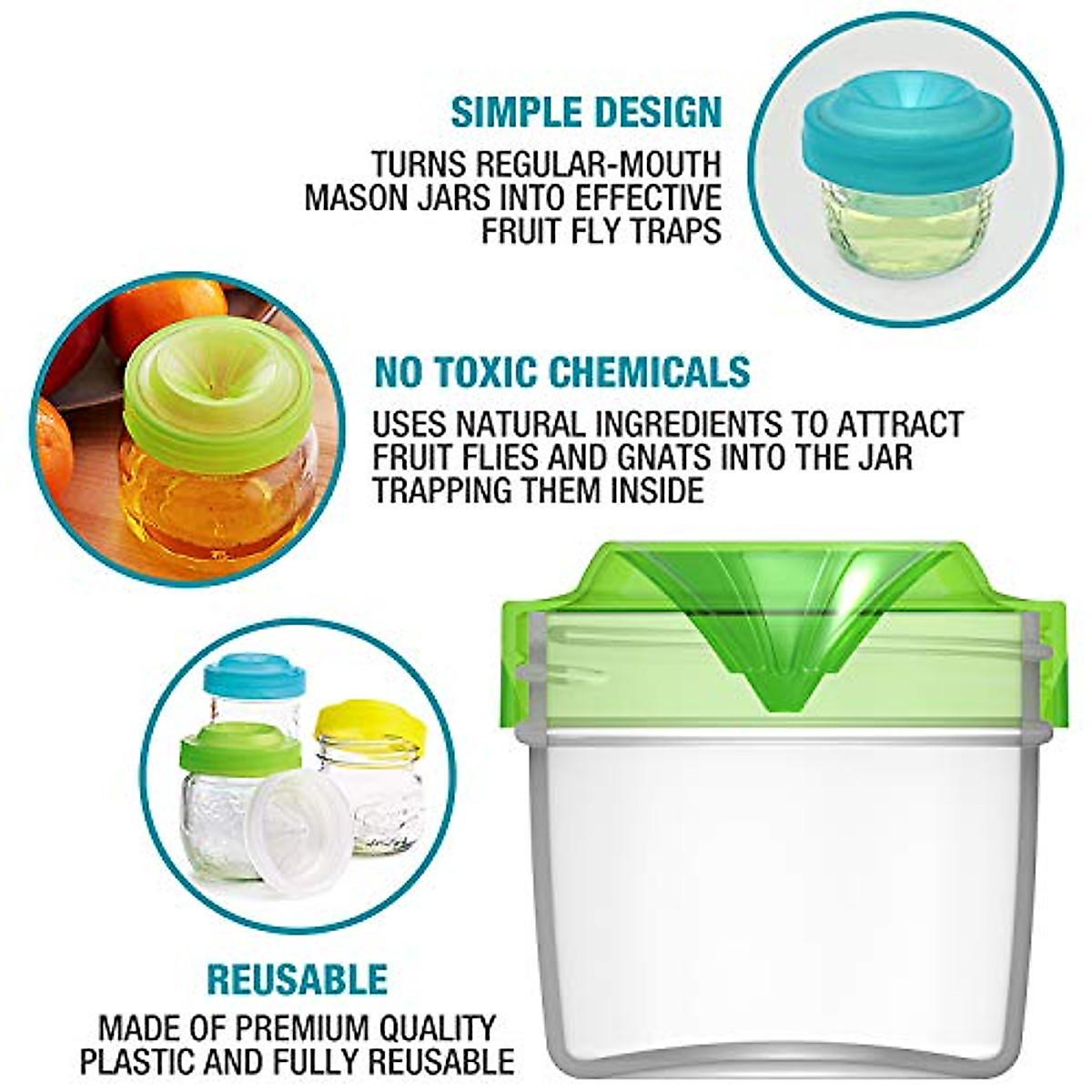 Masontops Trap Caps - Reusable Indoor/Outdoor Fruit Fly Trap Catching Lids - Fits Any Regular Mouth Mason Jar - 4 Pack