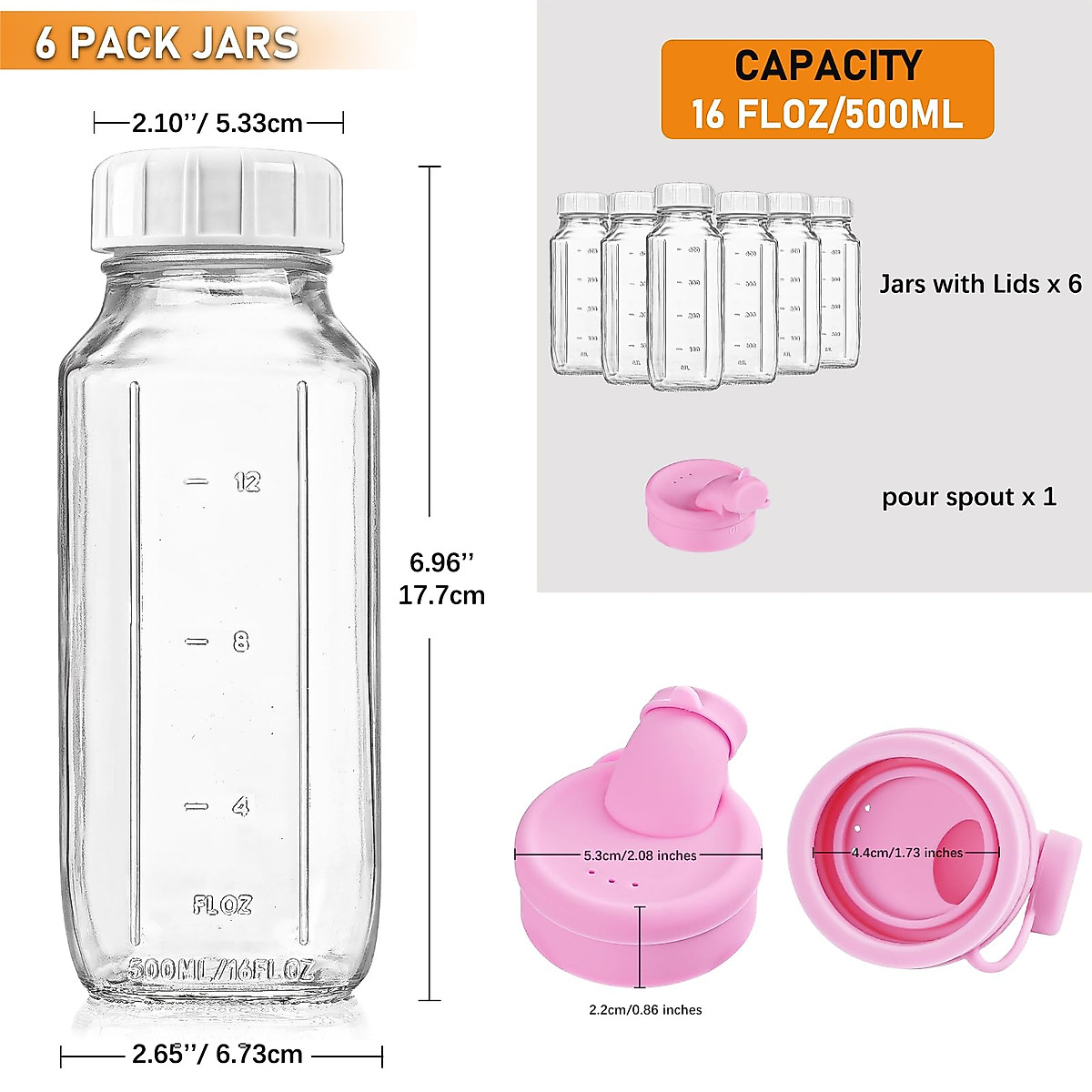 16 Oz Square Glass Milk Bottles with A Silicone Cover, 6 Pack Glass Bottles for Juicing with Airtight Lids, Glass Drinking Bottles with Lids and Scale Mark, Easy to Carry