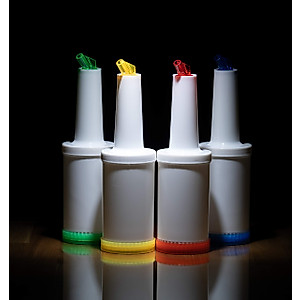 Trendy Bartender Color Coded Flow N Stow Juice Bottles (32oz / 1 Quart, Set of 4) – Commercial Grade Bar Pourers with Spout and Lid for Effortless Mixing, Pouring, and Storage