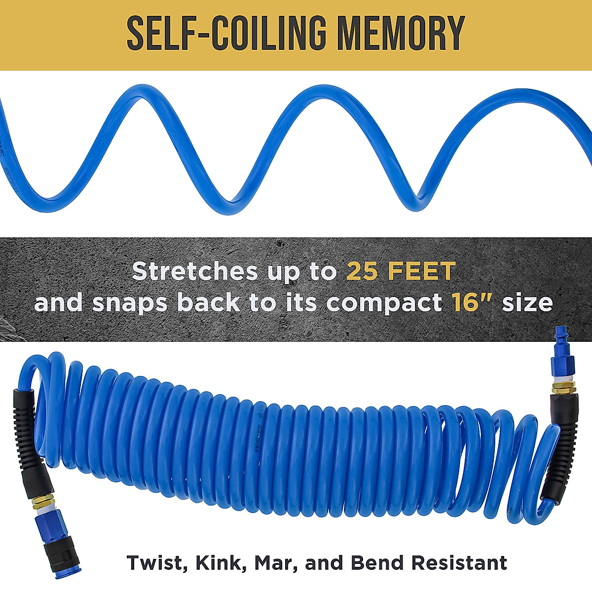 Master Elite Series 1/4" x 25' Polyurethane Recoil Air Hose with Bend Restrictors and 1/4" NPT Male Fitting Ends - Universal Aluminum Quick Coupler, I/M Industrial Plug - Attach Compressors, Air Tools