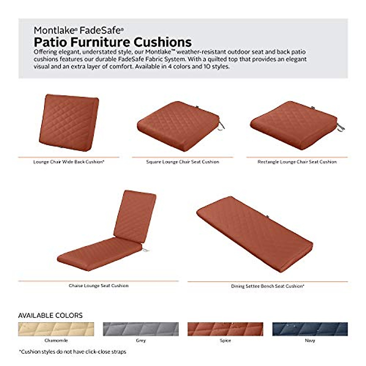 Classic Accessories Montlake FadeSafe FadeSafe Water-Resistant Patio Bench/Settee Quilted Cushion Cover, 48 x 18 x 3 Inch, Spice