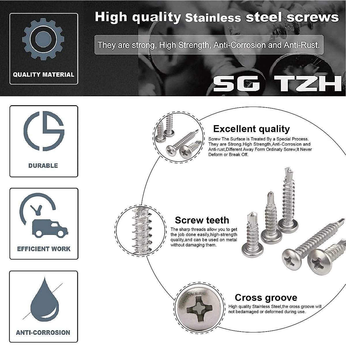 #8 x 1/2" Sheet Metal Screws 100Pcs 410 Stainless Steel Pan Head Fast Self Tapping Screws by SG TZH