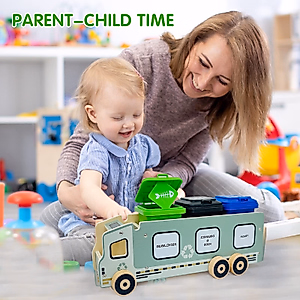 Tmgooyier Large Wooden Garbage Truck Toy for 4 5 6 7 Years Old Boys, Waste Management Recycling Trash Truck Toy Set with 3 Bucket Trash Cans Toy for Boys Girls Toddlers