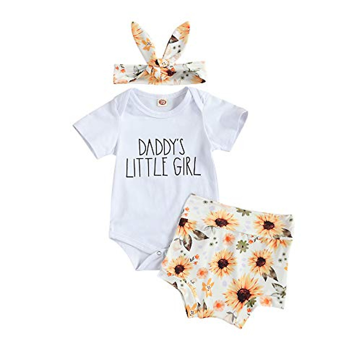 Newborn Infant Baby Girl Daddys Little Girl Short Sleeve Romper Tops Sunflower Shorts Pants Headband Summer Outfits (White-Sunflower, 0-3 Months)