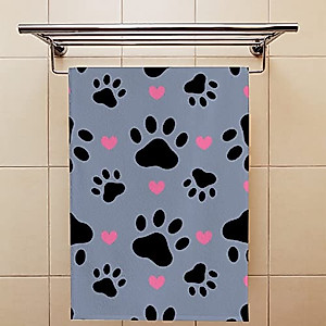 Hand Bath Towels 2 Pack Paw Print Pink Heart Absorbent Face Fingertip Towels for Bathroom Kitchen Gym Spa Soft Hair Drying Cloth Quick Dry, 30 x 15 Inch