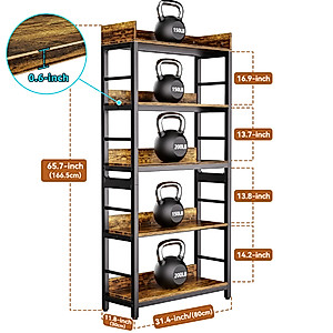 Aquzee Bookshelf, 66" H 5-Tiers Heavy Duty Industrial Shelving Wood & Metal Bookcase, Rustic and Black Tall Shelf Units for Home, Office, Living Room