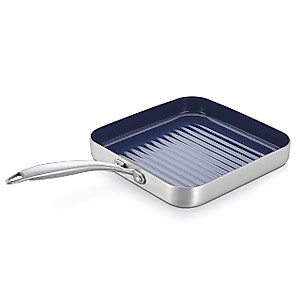 Eternal Living Nonstick Frying Pans Grill Pan Stainless Steel and Ceramic Infused Square Griddle, Blue 9.5”