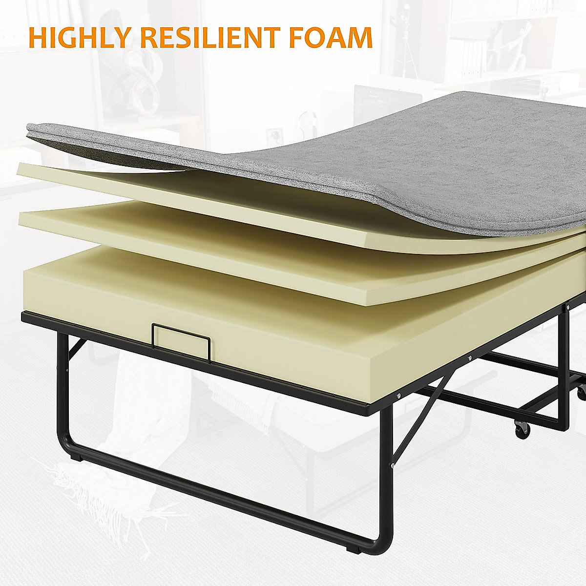 SKKTKT Folding Bed with Mattress, 75" x 39" Twin Size Bed Frame, Portable Foldable Roll Away Adult Bed for Guest, Platform Bed with Fold-up Metal Frame for Bedroom, Living Room, Dorm