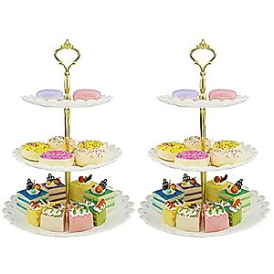 3-Tier White Gold Plastic Dessert Stand Pastry Stand Cake Stand Cupcake Stand Holder Serving Platter for Party Wedding Home Decor-Large-Set of 2