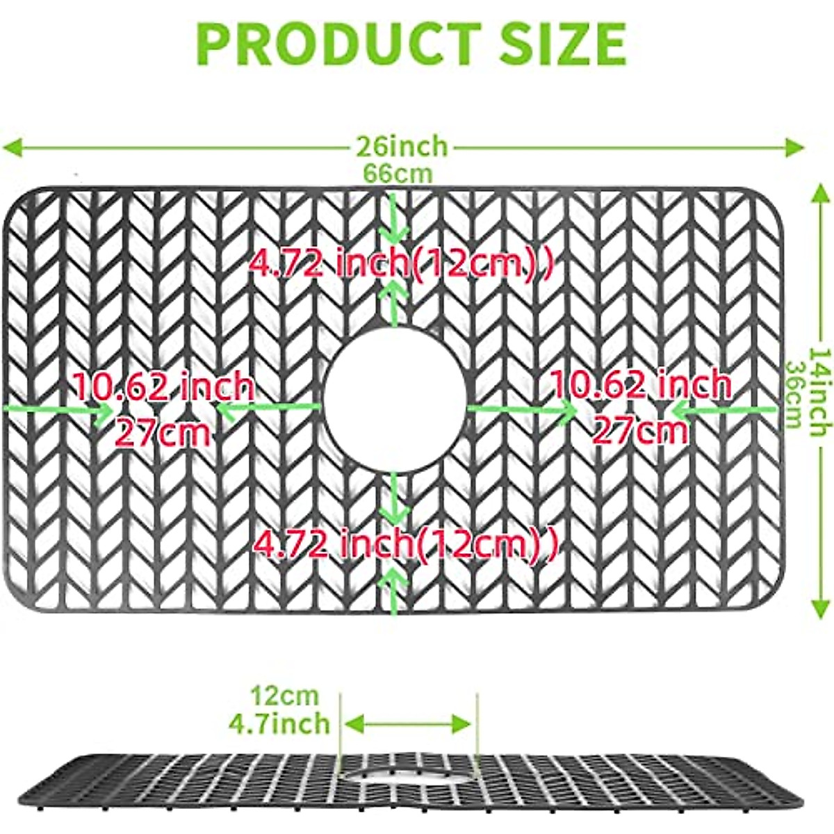 Kitchen Sink Mat, 26''x14'' Silicone Sink Protectors Mats for Bottom of Kitchen Sink, Non-slip Heat Resistant Sink Liners for Farmhouse Stainless Steel Sink Rubber Sink Mat（For Center Drain Hole Sink）