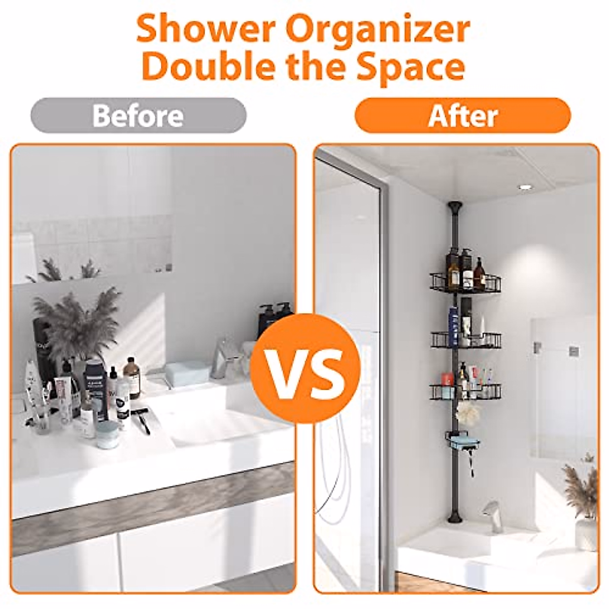 YeYeBest Shower Organizer Caddy, Home Decor Organization And Storage 39-125 Inch for Bathroom Corner Shelves Rack Countertop Adjustable with Tension Pole