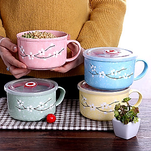 GQHNLUP 4 Pack 30oz Ceramic Bowl with Lid and Handle,Cherry Blossoms Among Snow Flake Pattern,Floral Handpainted Stoneware Bowl for Microwave Dishwasher