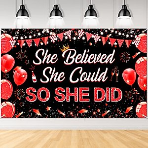 2024 Red Black Graduation Decoration Banner Red Black She Believed She Could So She Did Graduation Banner 2024 Class of Graduation Banner for Women Girls High School College Graduation 72.8x43.3 inch