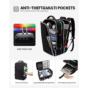 LOVEVOOK Travel Backpack for Men & Women, 40L Carry On Backpack Flight Approved, Expandable Anti-Theft Waterproof Backpack, Personal Item Bag with Laptop Compartment, USB Port, Black