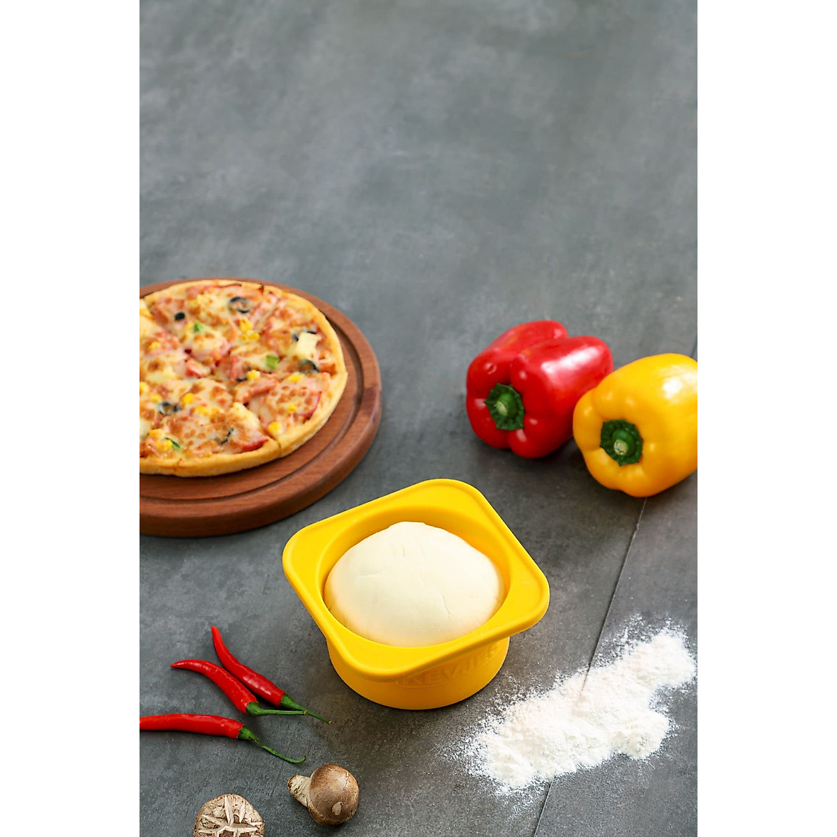 KEVJES Stackable Silicone Artisan Pizza Dough Proofing Containers with Lids pizza making accessories (1 Yellow+1 Green+1Blue+1 Gray+1 Space Gray)
