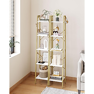 Hzuaneri Ladder Shelf, Bookshelf Bookcase, Freestanding Corner Storage Shelve with 2 Hooks for Home Office, Living Room, Kitchen, Bedroom, Industrial, 5-Tier White Gold BC03213G