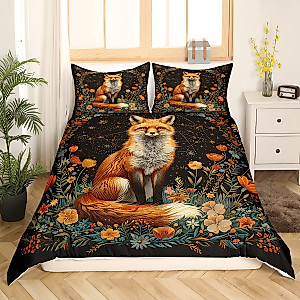 3D Fox Duvet Cover Set King Size,Twelve Constellations Botanical Comforter Cover 3Pcs,Flower Green Leaves Bedding Set for Kids Boys Teens Girls Room Decor,Wild Animal Bedspreads Cover,2 Pillowcases