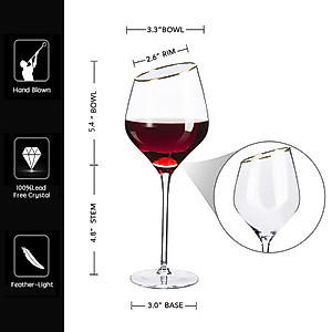 Gold Rimmed Wine Glasses Set of 2,No-Lead Crystal Long Stem Red Wine Glasses,Hand Blown Unique White Wine Glasses with Stem-for Burgundy,Cabernet,and Bordeaux, Christmas Gift,15 oz-Clear