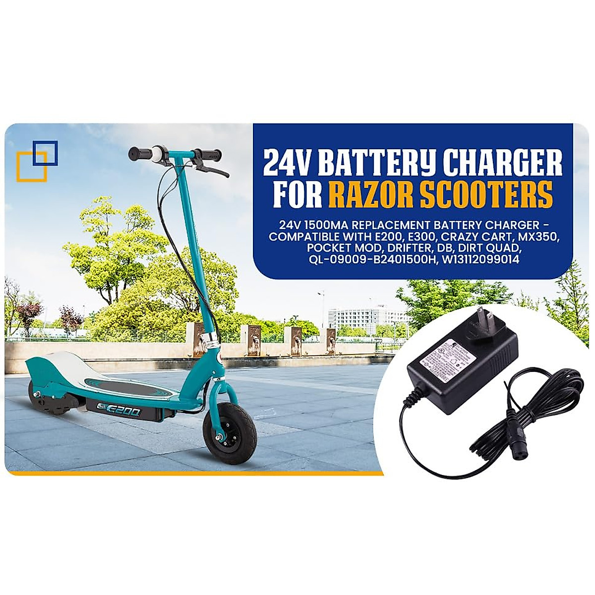 24V Battery Charger for Razor - 24V 1500mA Replacement Battery Charger - Compatible with E200, E300, Crazy Cart, MX350, Pocket Mod, Drifter, DB, Dirt Quad, QL-09009-B2401500H, W13112099014