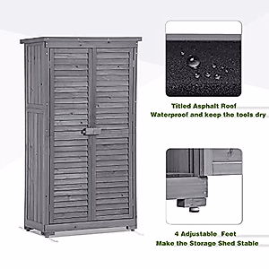 LUMISOL 34" x 18" x 63" Wooden Garden Shed, Outdoor Storage Cabinet with Removable Shelves, Waterproof Asphalt Roof, Adjustable Footpads, Tool Shed with Latch for Backyard, Patio, Lawn (Gray)