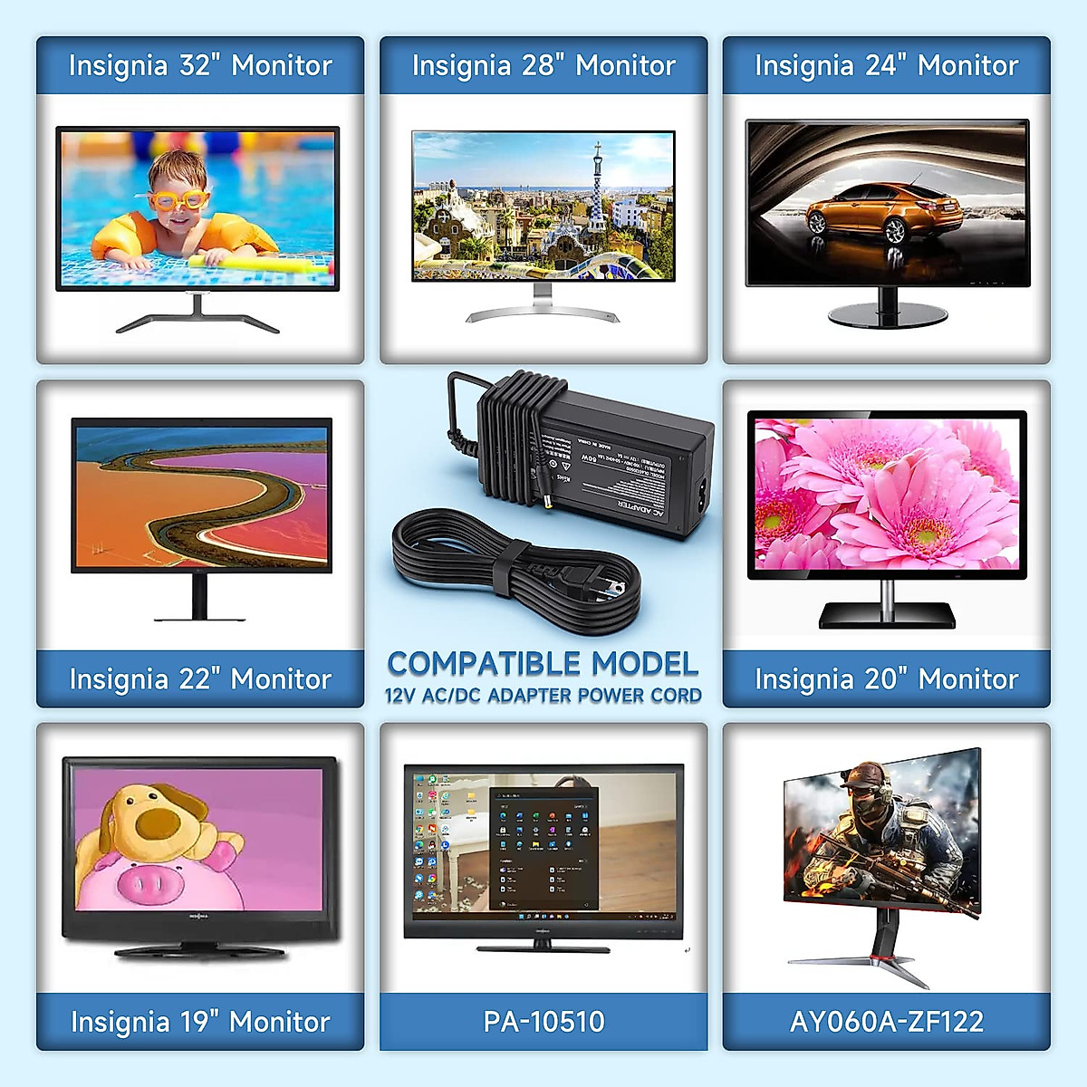 Power Cord for Insignia 19" 20" 24" 28" 32" LED TV, Adapter for NS-32D312NA15, NS-32DF310NA19, NS-32D420NA16, NS-32D220NA16, NS-3D311NA15, NS-24E200NA14, NS-24D510NA17, NS-19E310NA15, NS-19E310A13