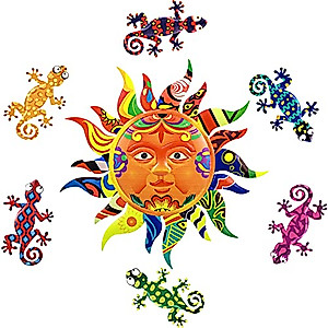 Hotop Sun Metal Gecko Wall Art Decor Set, 12.6 Inch Outdoor Sun Wall Art Talavera Colorful Sun Face Statues Hanging Decor and 6 Pieces Metal Lizard Sculpture Hang Decors for Garden Home Living Room
