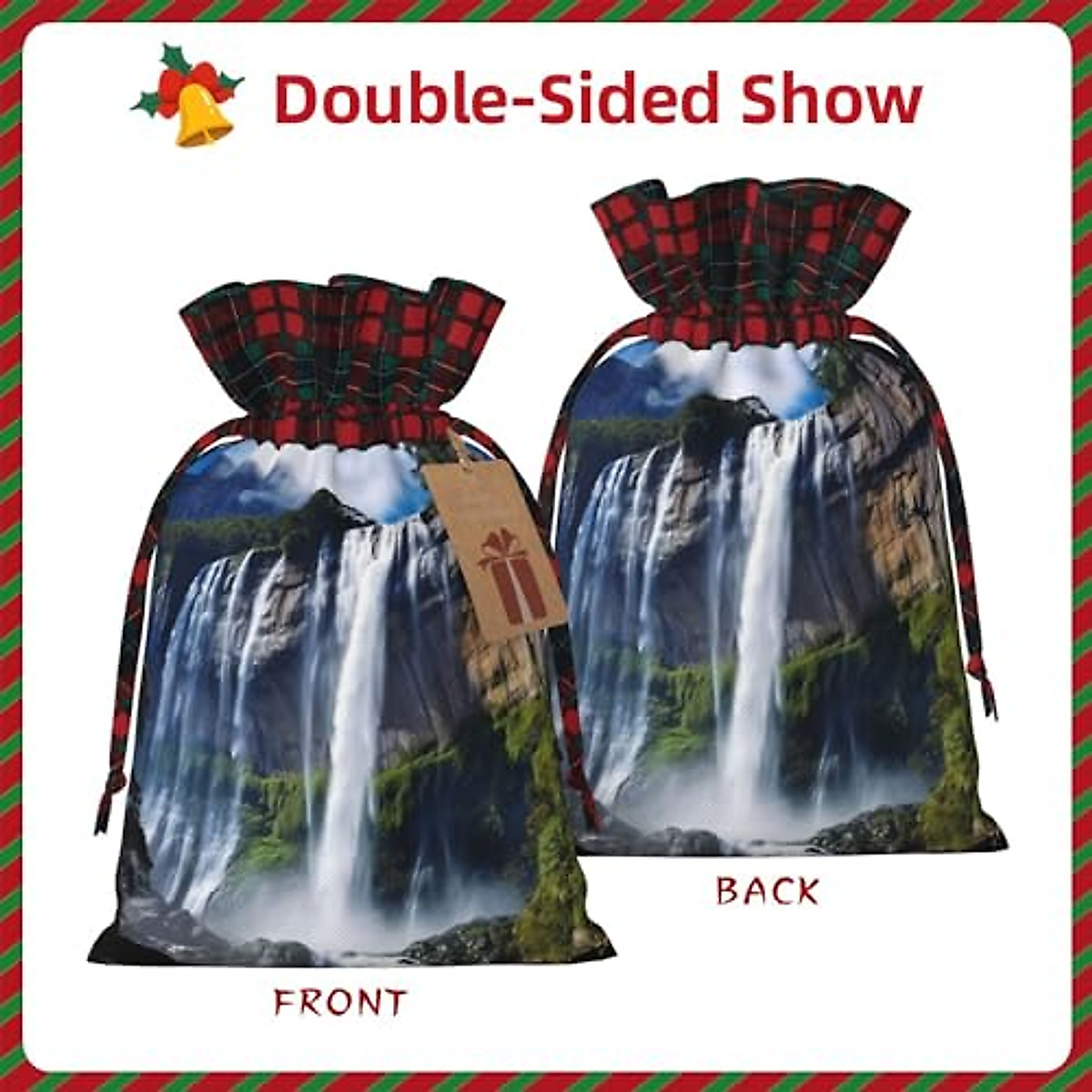 Christmas Gift Bags with Drawstring Burlap Gift Bags Beautiful Waterfall Christmas Linen Bags for Xmas Party Candy Bags with Cards Xmas Reusable Wrapping Bags Christmas Linen Treat Bags for Holiday