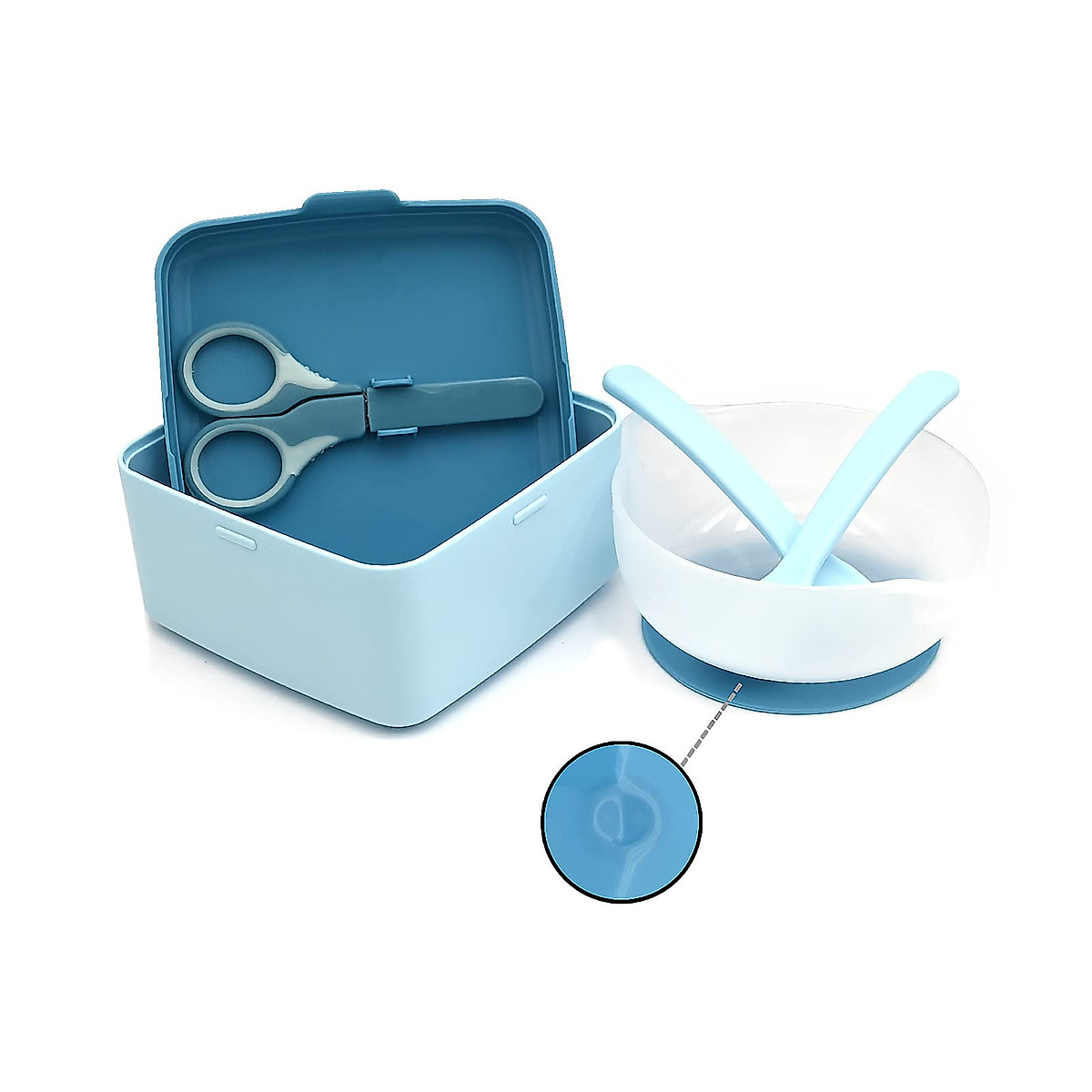 Silicone Suction Bowl For Toddlers Baby Suction Cup Food Container for Snack Oatmeal Outdoor Kids Tableware Auxiliary Scissors And Spoon And Fork 5 Piece (Blue) (Pink)