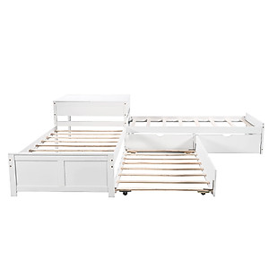 L-Shaped Twin Platform Bed Frame with Trundle and 2 Storage Drawers, Corner Wood Twin Platform Bed Frame Linked with Built-in Table for Kids Boys Girls Teens Adults, No Box Spring Need, White