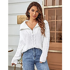 Blooming Jelly Women's Sweater Long Sleeve Quarter Zip Pullover Casual Loose Fit Cable Knit Tops（M,White）