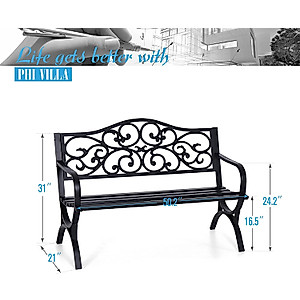 PHI VILLA 50-Inch Cast Iron Steel Frame Garden Bench Outdoor Patio Bench Chair w/Floral Design Backrest, Slatted Seat for Park, Yard & Porch, Black
