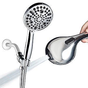 High Pressure Handheld Shower Head, 10-Setting Showerhead, 4.7”Detachable Showerhead Set with 5ft Hose, Adjustable Bracket and Built-in Power Wash to Clean Tub, Tile & Pets - Polished Chrome
