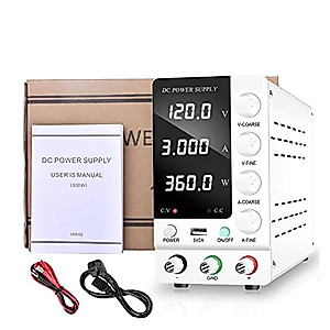 DC Power Supply, 120V 3A USB DC Switching Power Supply Lab Adjustable Voltage Regulator 30V 10A Stabilizer Switch Bench Power Source,Electroplating DIY(GU-SPS-C1203-White)