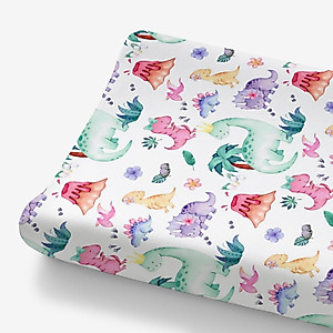 HawSkgFub Girls Dinosaur Changing Pad Cover for Baby Pink Purple, Dino Animal Tropical Diaper Change Table Covers, Ultra Soft Stretchy Breathable Safe Snug Fitted Changing Mat Sheets Fit 32"/34" x 16"