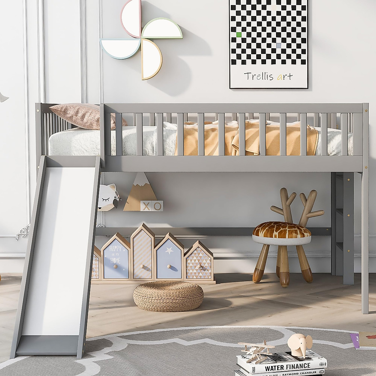 Harper & Bright Designs Full Size Low Loft Bed with Slide, High Guardrail & Ladder, Kids Wooden Full Loft Bed Frame for Girls,Boys, No Box Spring Needed, Gray