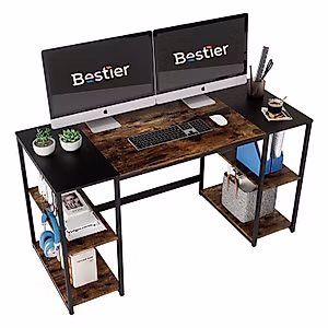 Bestier Computer Desk with 4 Storage Shelves, 55 inch Study Writing Table with Splice Tabletop, Rustic Brown and Black Top