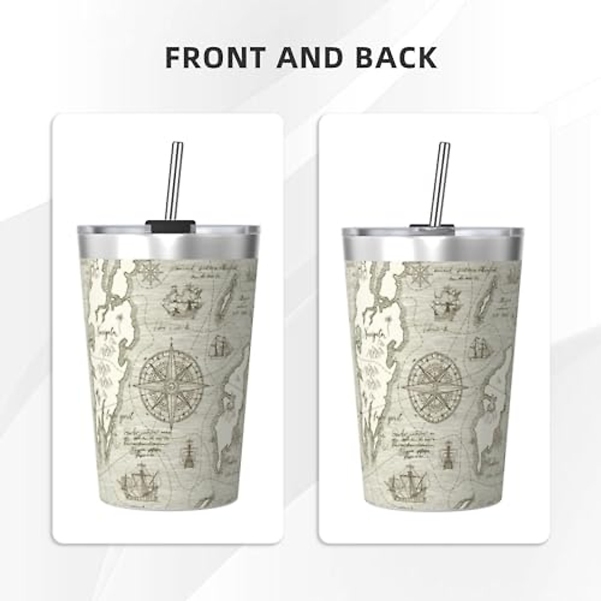 PAYOHTO Vintage Nautical Route Map Insulated Stainless Steel Tumbler 12 oz Thermos Come with Straw Kids Leak-Proof Travel Mug Cup