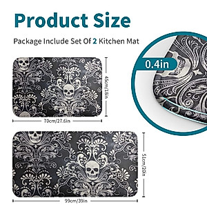 Sugar Skull Kitchen Mats 2 Pcs Anti Fatigue Halloween Skull Kitchen Floor Mats Washable Water Absorbent Gothic Skeleton Kitchen Rugs for Bathroom Laundry Sink Kitchen Standing Mat
