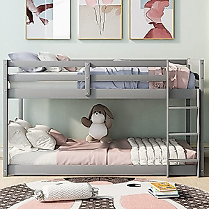 Low Bunk Beds Twin Over Twin Wood Floor Bunk Bed Frame with Slat and Ladder for Kids Boys Girls Toddlers, Gray